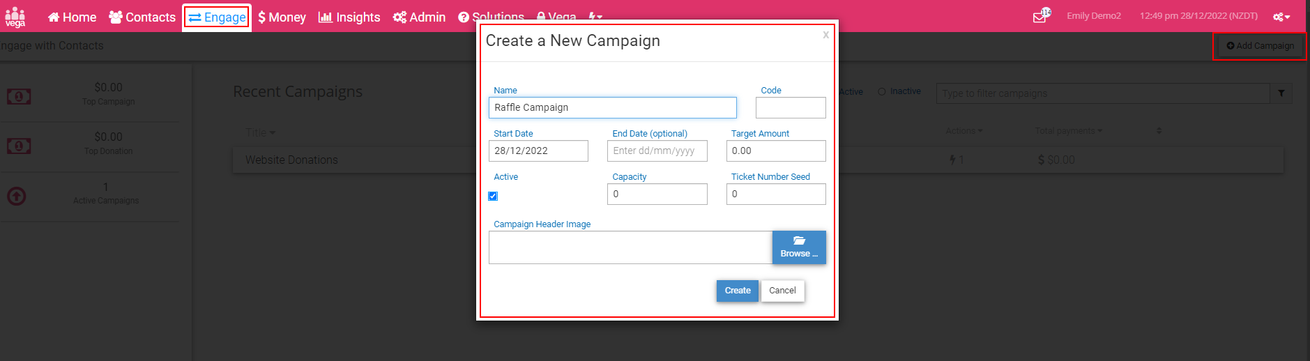 Creating a raffle campaign – Vega